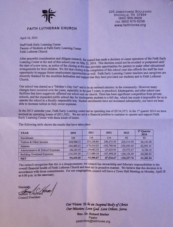 Parents "blindsided" by church letter announcing school closure | wbir.com